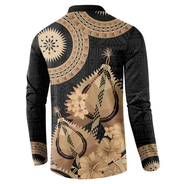Black Bula Fiji Button Sweatshirt Fijian Dance Fan Tapa Cloth Pattern LT14