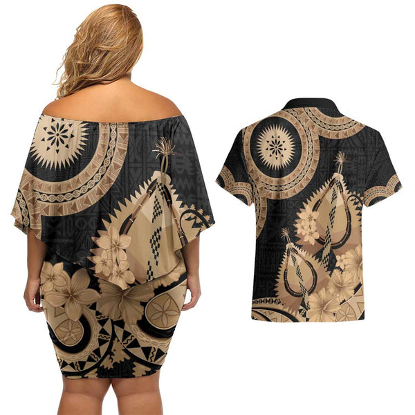 Black Bula Fiji Couples Matching Off Shoulder Short Dress and Hawaiian ...