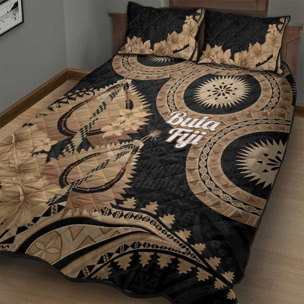 Black Bula Fiji Quilt Bed Set Fijian Dance Fan Tapa Cloth Pattern LT14