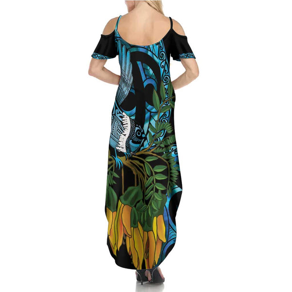 Turquoise New Zealand Kowhai And Piwakawaka Summer Maxi Dress Maori ...
