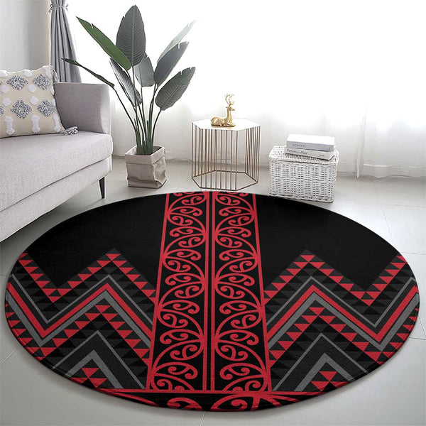 Red Aotearoa Mangopare Kowhaiwhai and Niho Taniwha Round Carpet Maori ...