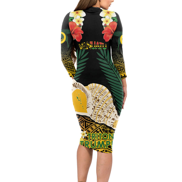 Vanuatu Triton's Trumpet Long Sleeve Bodycon Dress Tropical Flowers ...