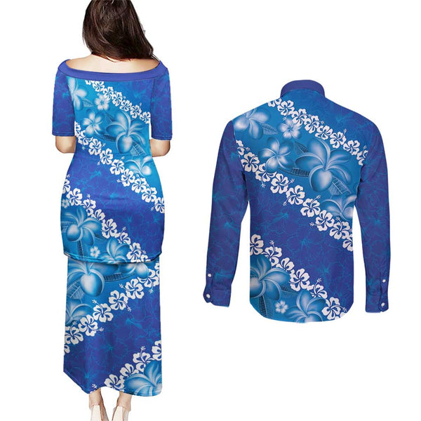 Vintage Blue Polynesia Couples Matching Puletasi and Long Sleeve Button ...