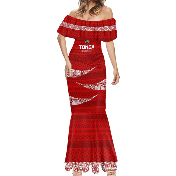 Custom Tonga Rugby Mermaid Dress 2023 Ikale Tahi Tongan Ngatu Pattern LT14