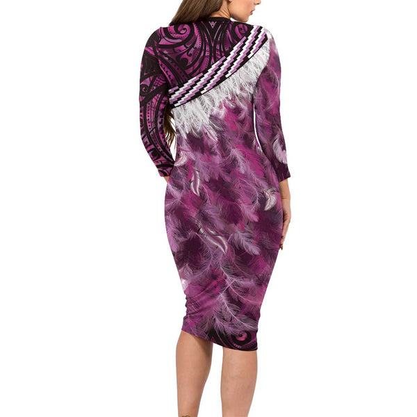 Pink Traditional Cloak Aotearoa Long Sleeve Bodycon Dress Maori Paua ...