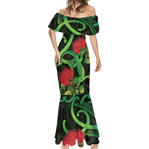 New Zealand Gecko Mermaid Dress Aotearoa Maori With Pohutukawa Flowers LT14
