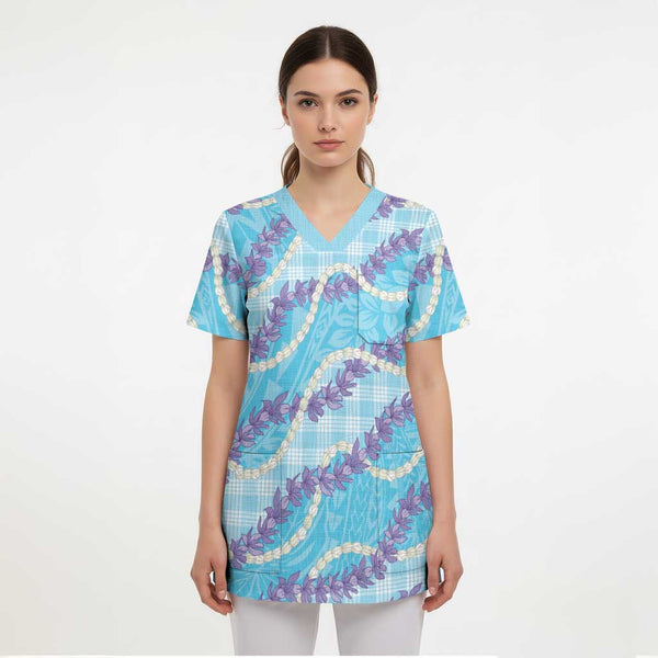 Blue Hawaii Palaka Honohono Pikake Scrub Top Hawaiian Orchid Lei ...