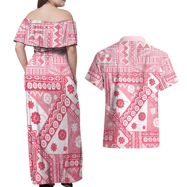 Pink Bula Fiji Couples Matching Off Shoulder Maxi Dress and Hawaiian ...