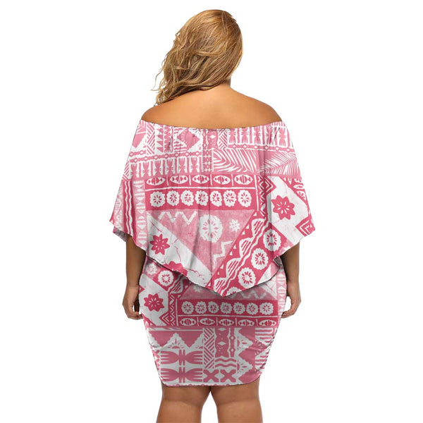 Pink Bula Fiji Off Shoulder Short Dress Unique Masi Tapa Pattern LT14