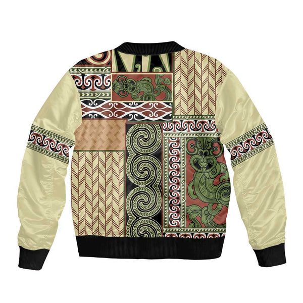 Beige Aotearoa Kowhaiwhai Pattern Bomber Jacket NZ Maori Quilt Style LT14