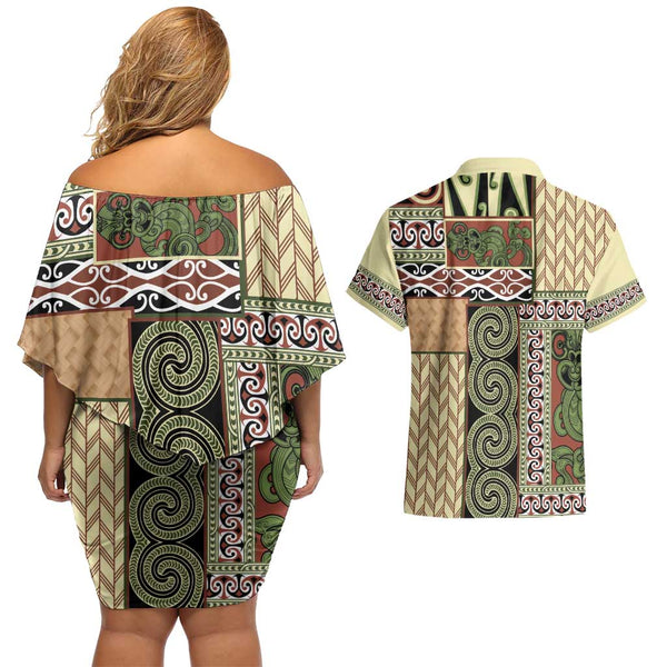 Beige Aotearoa Kowhaiwhai Pattern Couples Matching Off Shoulder Short ...