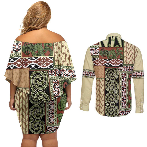 Beige Aotearoa Kowhaiwhai Pattern Couples Matching Off Shoulder Short ...