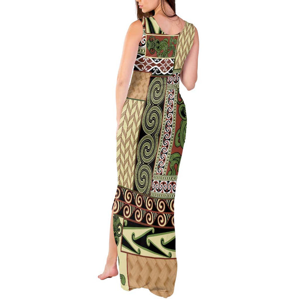 Beige Aotearoa Kowhaiwhai Pattern Tank Maxi Dress NZ Maori Quilt Style LT14