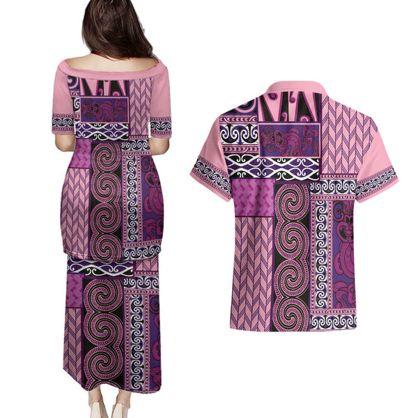 Pink Aotearoa Kowhaiwhai Pattern Couples Matching Puletasi and Hawaiian ...