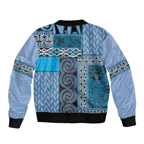 Blue Aotearoa Kowhaiwhai Pattern Bomber Jacket NZ Maori Quilt Style LT14