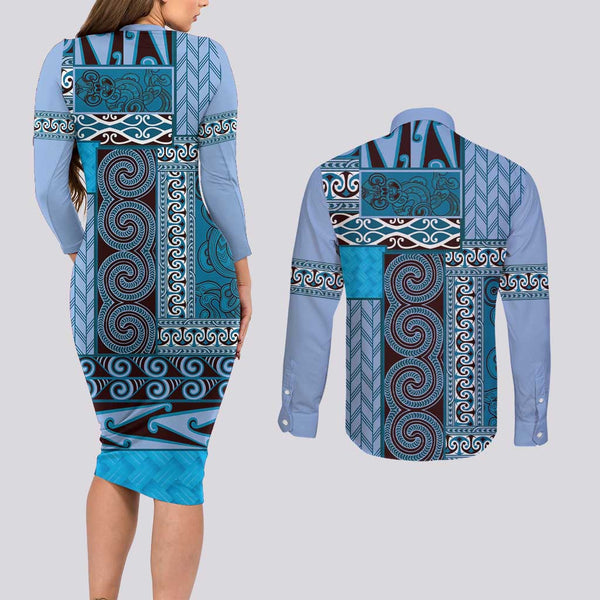 Blue Aotearoa Kowhaiwhai Pattern Couples Matching Long Sleeve Bodycon ...