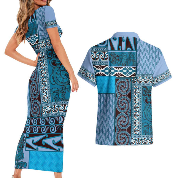 Blue Aotearoa Kowhaiwhai Pattern Couples Matching Short Sleeve Bodycon ...