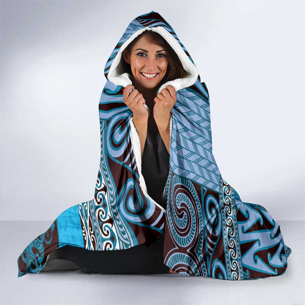 Blue Aotearoa Kowhaiwhai Pattern Hooded Blanket NZ Maori Quilt Style LT14