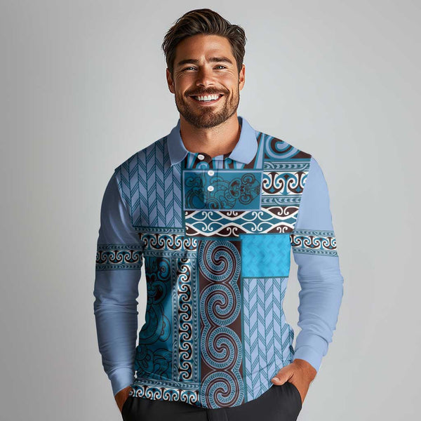 Blue Aotearoa Kowhaiwhai Pattern Long Sleeve Polo Shirt NZ Maori Quilt ...