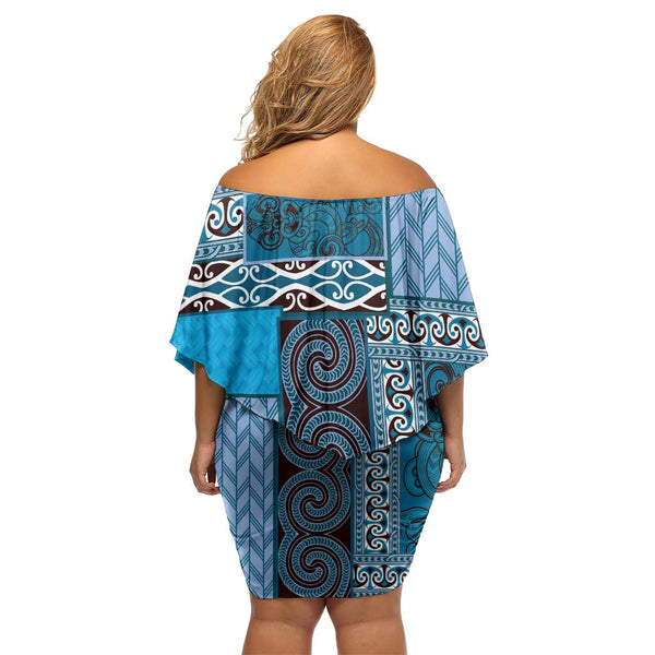 Blue Aotearoa Kowhaiwhai Pattern Off Shoulder Short Dress NZ Maori ...
