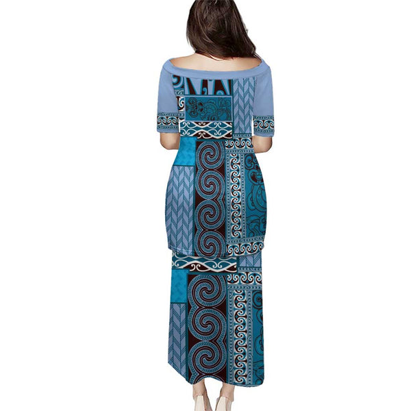 Blue Aotearoa Kowhaiwhai Pattern Puletasi NZ Maori Quilt Style LT14