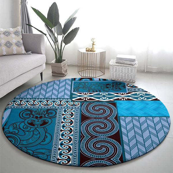 Blue Aotearoa Kowhaiwhai Pattern Round Carpet NZ Maori Quilt Style LT14