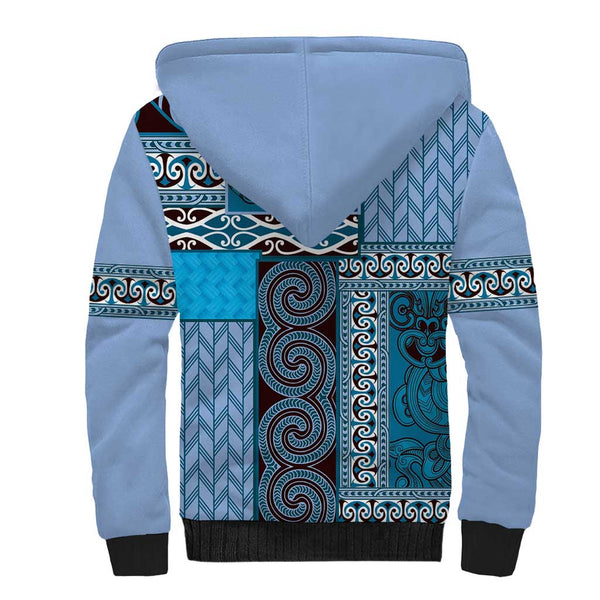 Blue Aotearoa Kowhaiwhai Pattern Sherpa Hoodie NZ Maori Quilt Style LT14