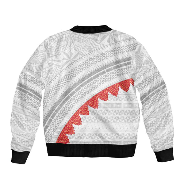 Tonga White Sunday Bomber Jacket Heilala Flowers Tongan Ngatu Pattern LT14