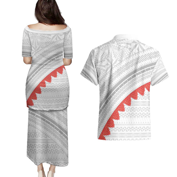 Tonga White Sunday Couples Matching Puletasi and Hawaiian Shirt Heilala ...
