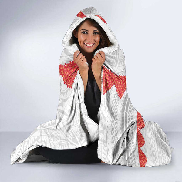 Tonga White Sunday Hooded Blanket Heilala Flowers Tongan Ngatu Pattern LT14