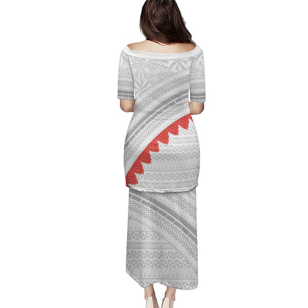 Tonga White Sunday Puletasi Heilala Flowers Tongan Ngatu Pattern LT14