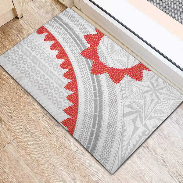 Tonga White Sunday Rubber Doormat Heilala Flowers Tongan Ngatu Pattern LT14