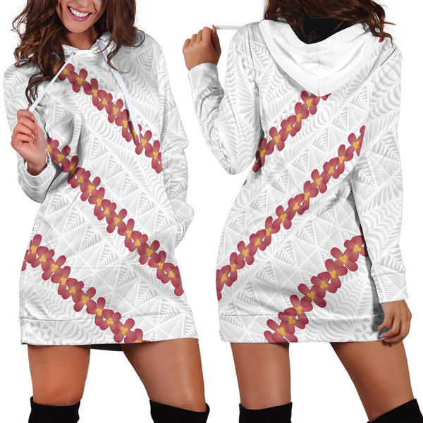 White Sunday Tonga Fakame Hoodie Dress Tongan Ngatu Heilala Lei LT14