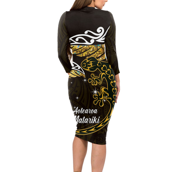 New Zealand Matariki Long Sleeve Bodycon Dress Maori New Year Silver ...