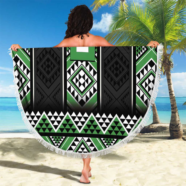 Green Taniko Pattern Aotearoa Beach Blanket Niho Taniwha Mix Poutama LT14