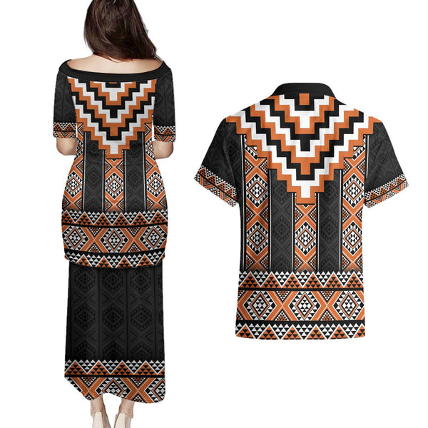 Orange Taniko Pattern Aotearoa Couples Matching Puletasi and Hawaiian ...