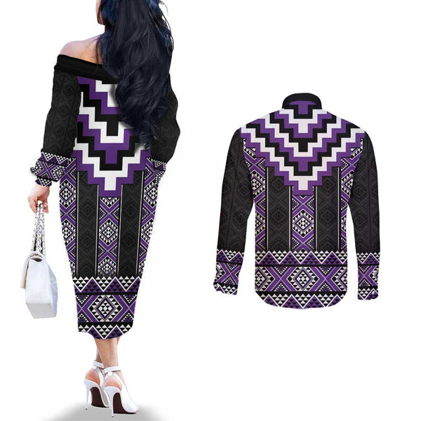 Purple Taniko Pattern Aotearoa Couples Matching Off The Shoulder Long ...
