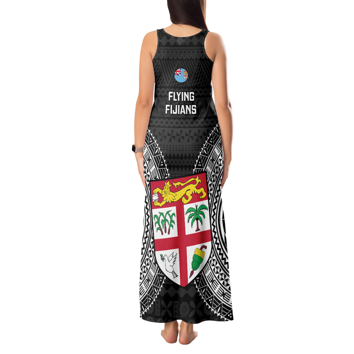 Fiji Rugby Tank Maxi Dress 2023 Fijian Tapa Pattern World Cup Black LT14