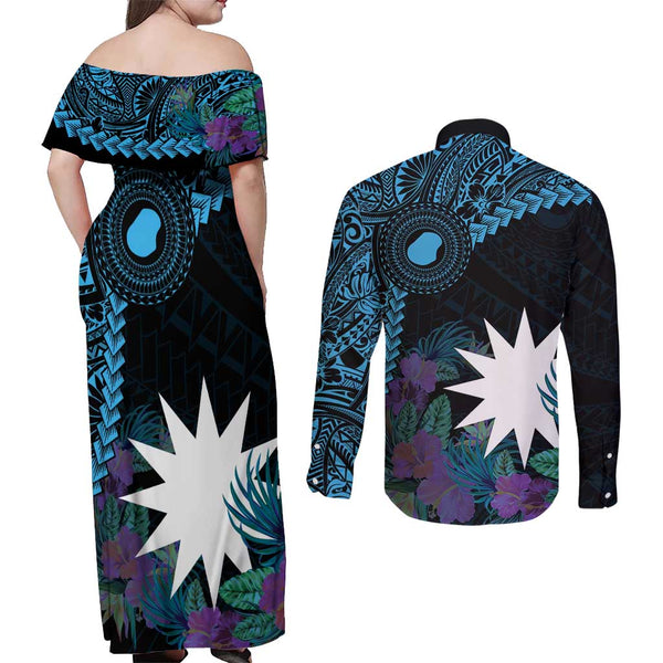 Blue Nauru Couples Matching Off Shoulder Maxi Dress and Long Sleeve ...