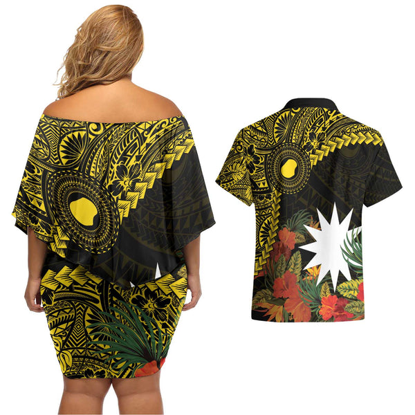 Gold Nauru Couples Matching Off Shoulder Short Dress and Hawaiian Shirt ...