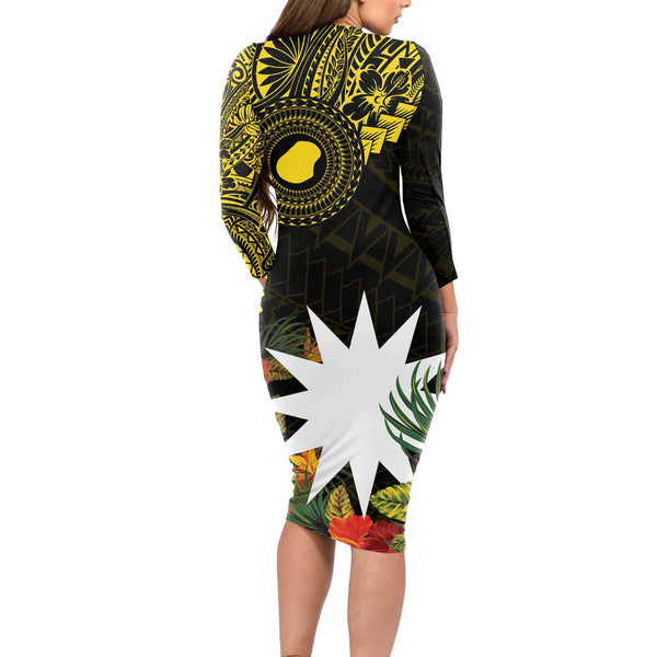 Gold Nauru Long Sleeve Bodycon Dress Naoero Map With Polynesian ...