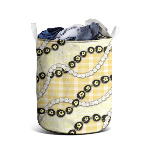 Yellow Palaka Hawaii Laundry Basket Kukui Nut Pikake Lei Hawaiian Tapa ...