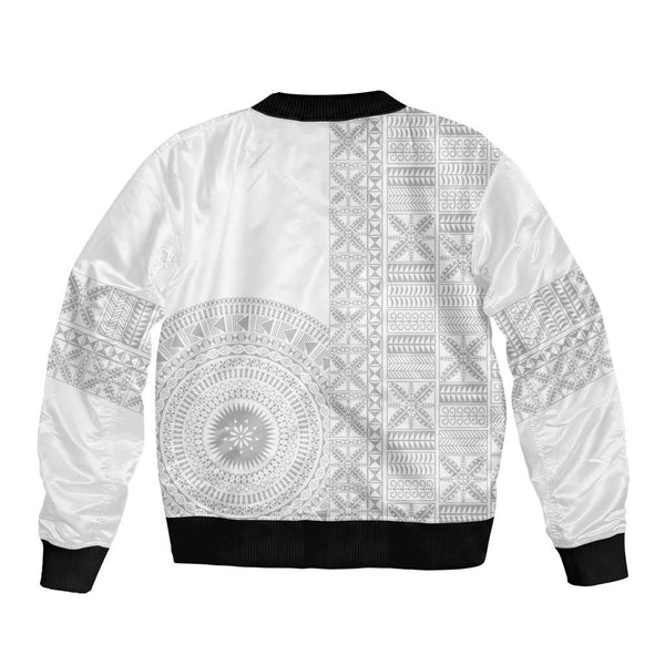 Niue White Sunday Sleeve Zip Bomber Jacket Half Hiapo Pattern Vibes LT14
