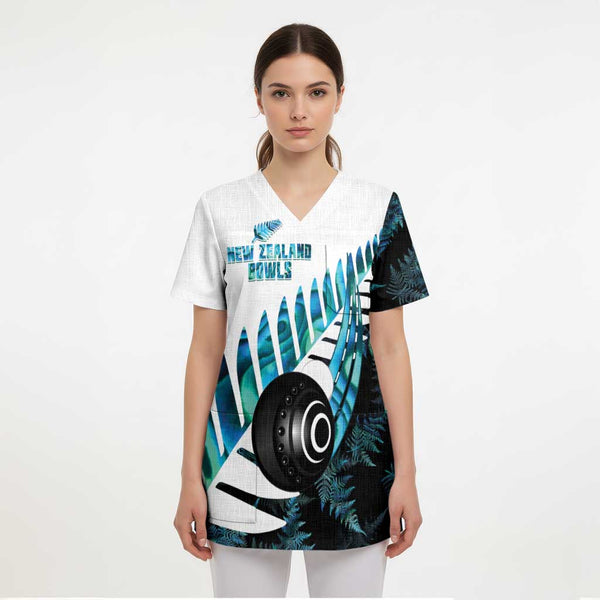 New Zealand Lawn Bowls Custom Scrub Top Aotearoa Silver Fern Paua Shell ...