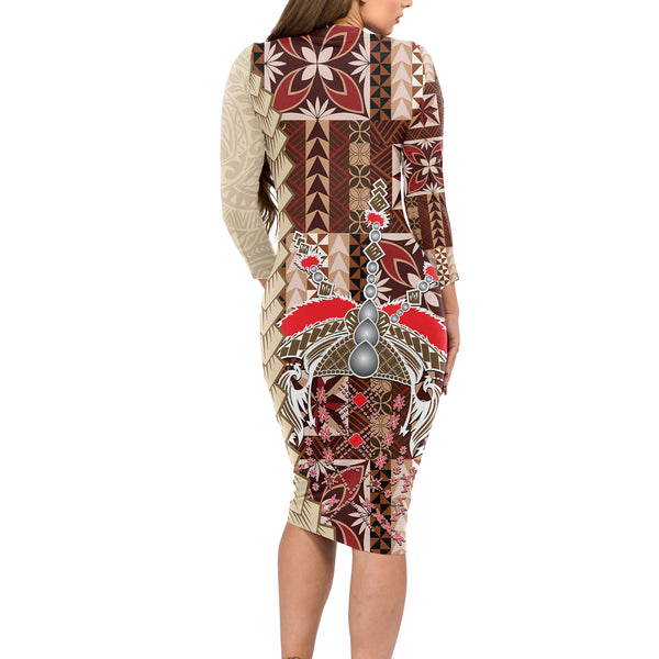 Samoa Tapau Long Sleeve Bodycon Dress Samoan Siapo Pattern LT14