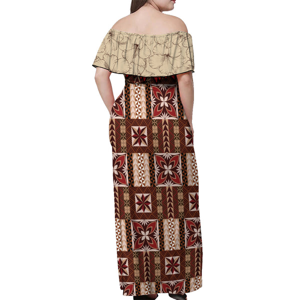 Samoa Siapo Off Shoulder Maxi Dress Tapa Pattern Mix Ula Fala Hibiscus LT14