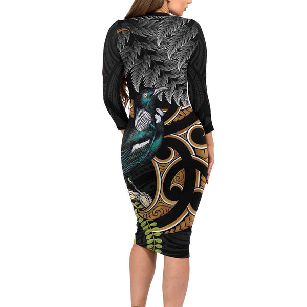 Aotearoa Kowhai Tui Bird Long Sleeve Bodycon Dress Maori Ngaru With ...