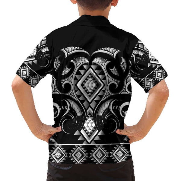 Black Ngaru Taniko With Aotearoa Maori Tattoo Kid Hawaiian Shirt LT14