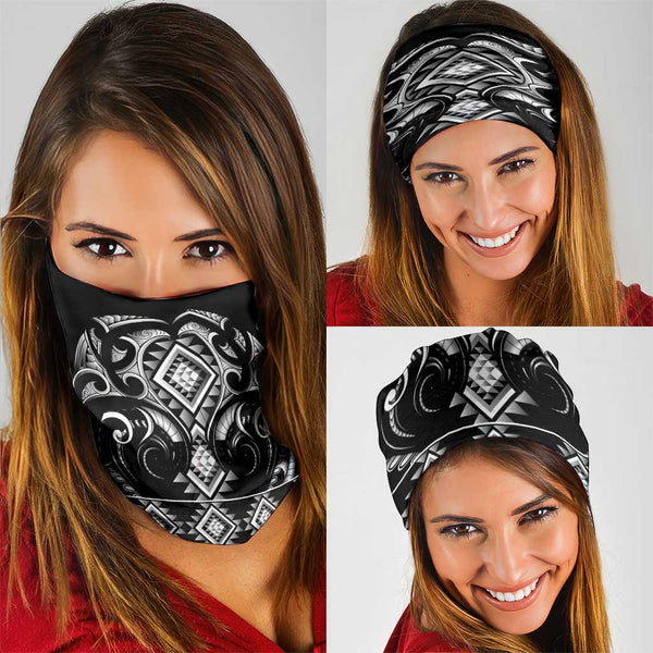 Black Ngaru Taniko With Aotearoa Maori Tattoo Neck Gaiter LT14