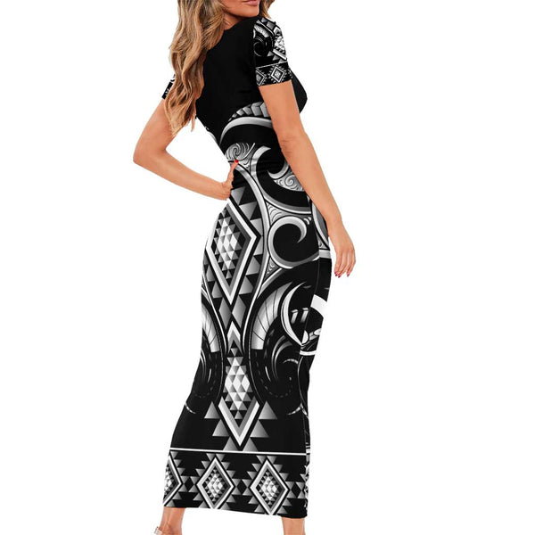 Black Ngaru Taniko With Aotearoa Maori Tattoo Short Sleeve Bodycon ...